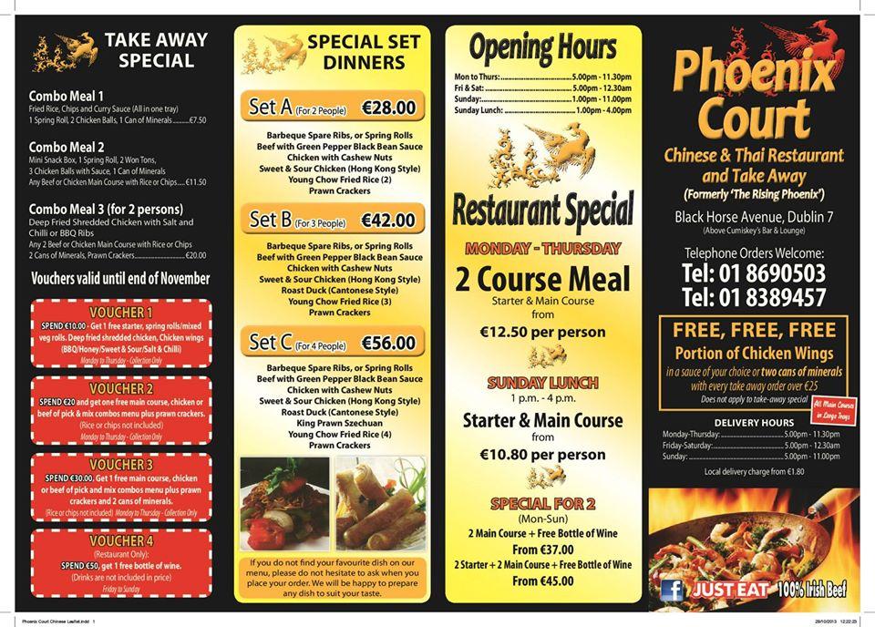 Carta del restaurante Phoenix Court, Dublin