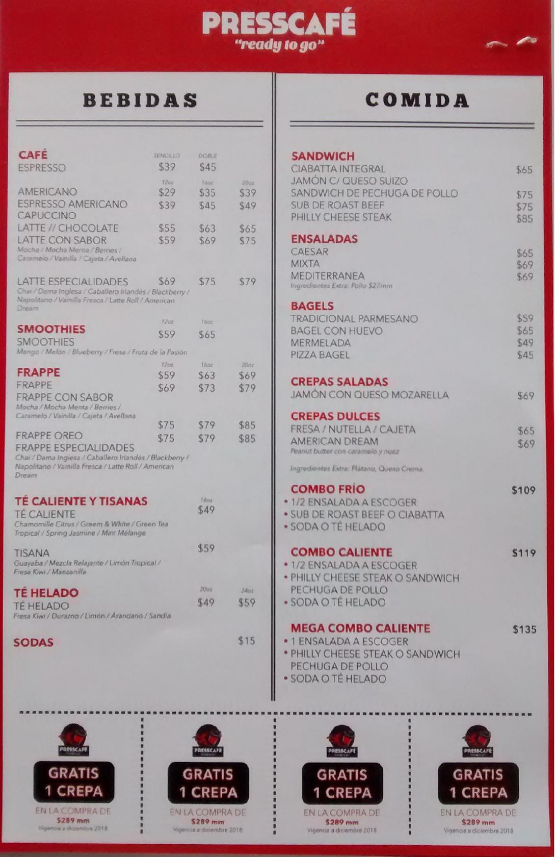 Menu at Press Café, Tijuana, Calle Alba Roja 13717