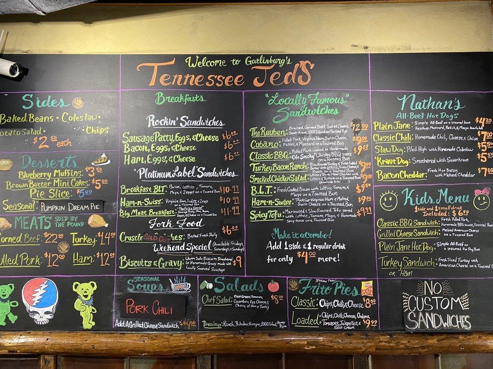 Menu at TENNESSEE JED'S cafe, Gatlinburg