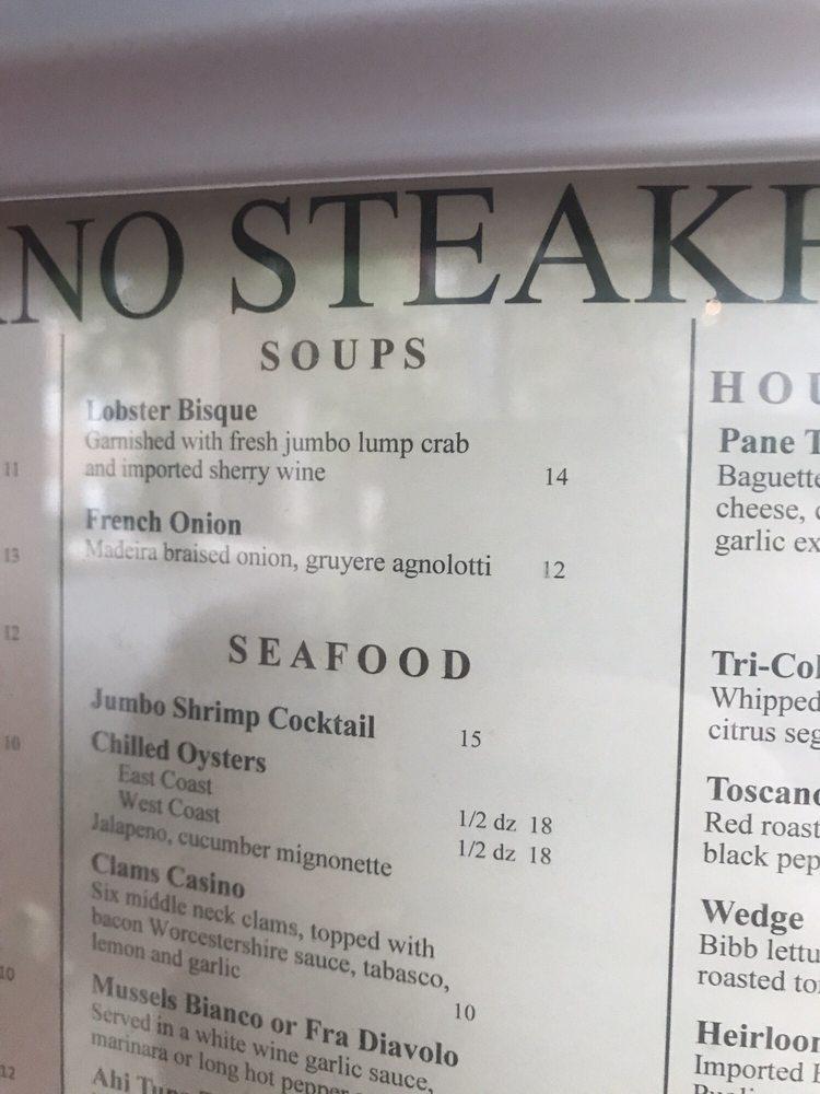 Menu at Toscano steakhouse, Bordentown