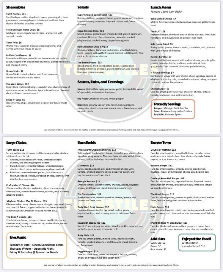Menu at Turnstiles Bar, Grand Rapids, 526 Stocking Ave NW