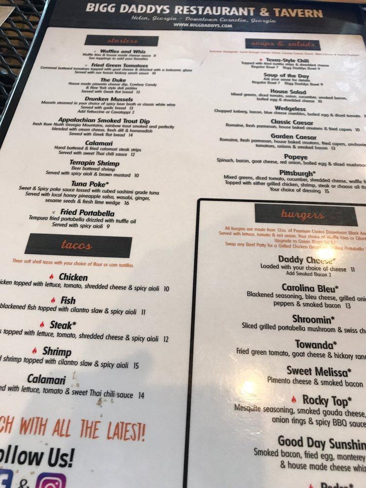 Menu at Bigg Daddys Restaurant & Tavern, Helen