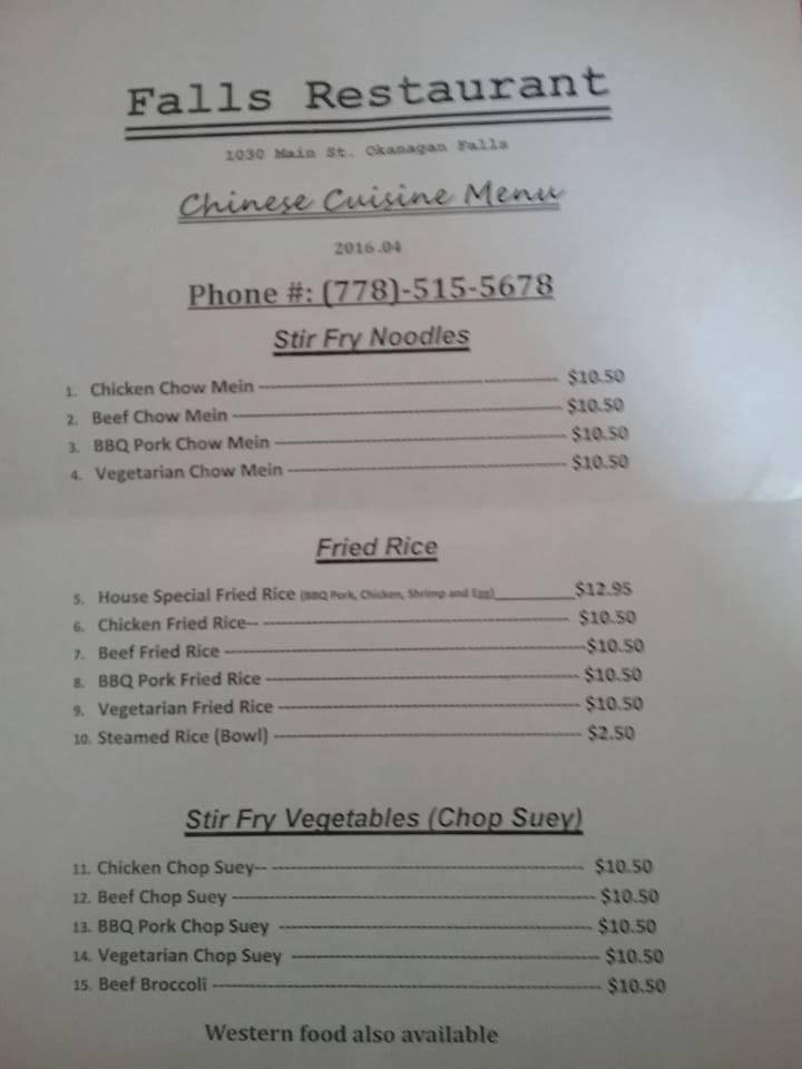 Menu at Falls Restaurant, Canada