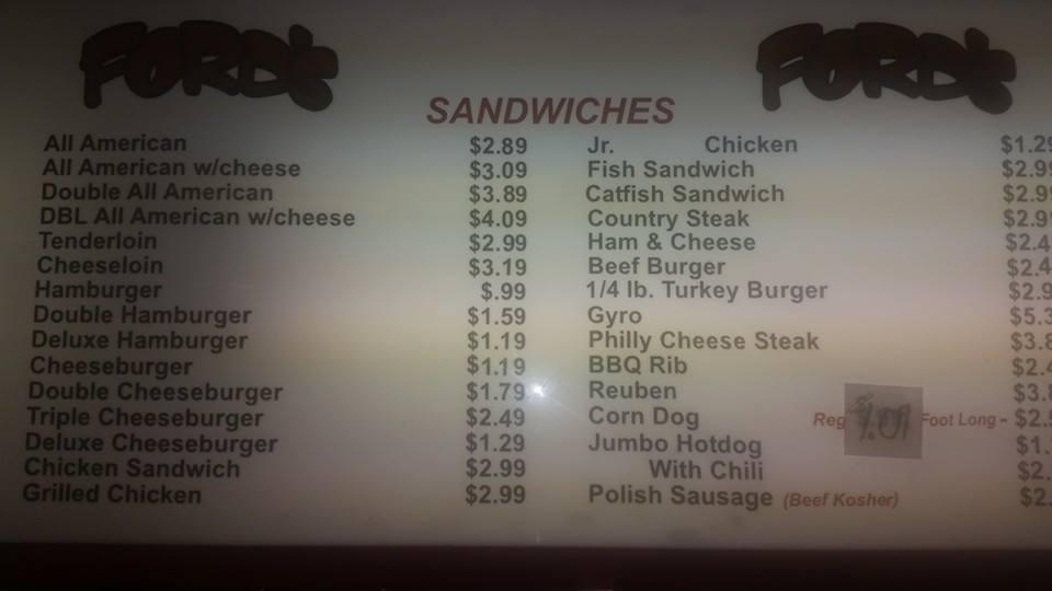 Menu at Ford's Drive In restaurant, Saint Joseph