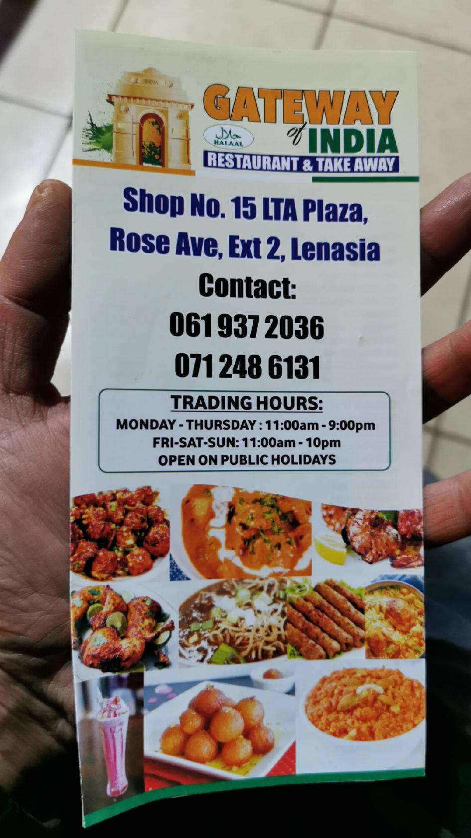 Menu at Gateway of India restaurant, Lenasia