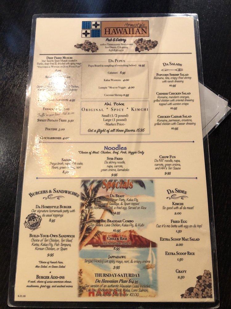 Menu at Homestyle Hawaiian Pub & Eatery, San Diego, Tierrasanta Blvd
