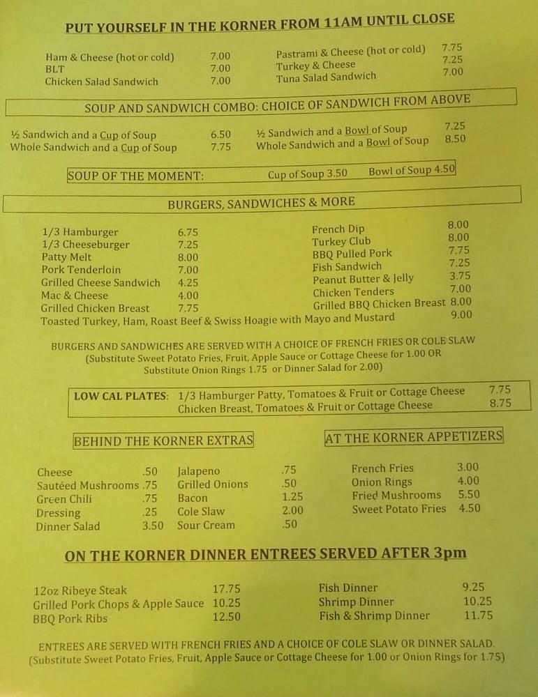 Menu at Korner Cafe, Tucson