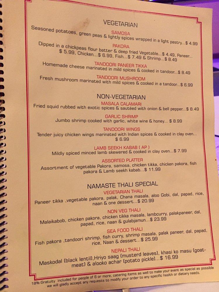 Menu at Namaste Cuisine restaurant, Alexandria, Rose Hill Dr
