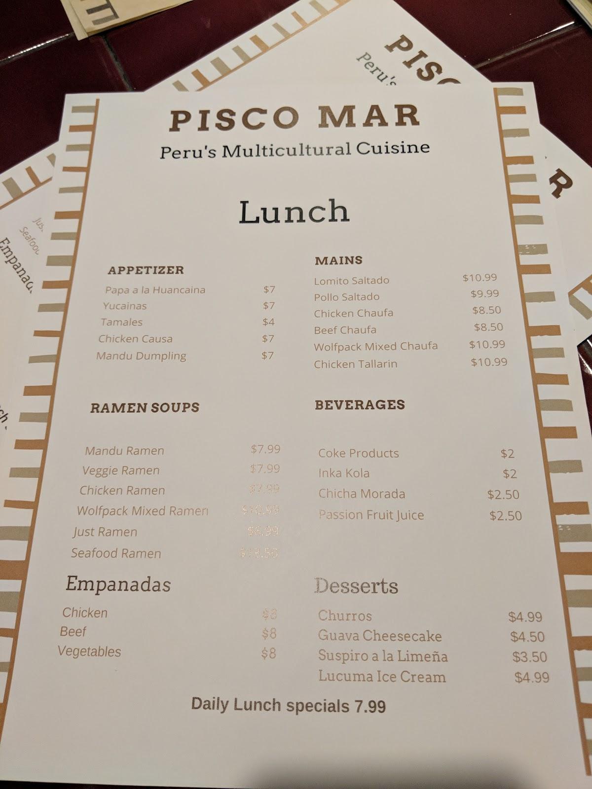 Menu at Pisco Mar restaurant, Raleigh