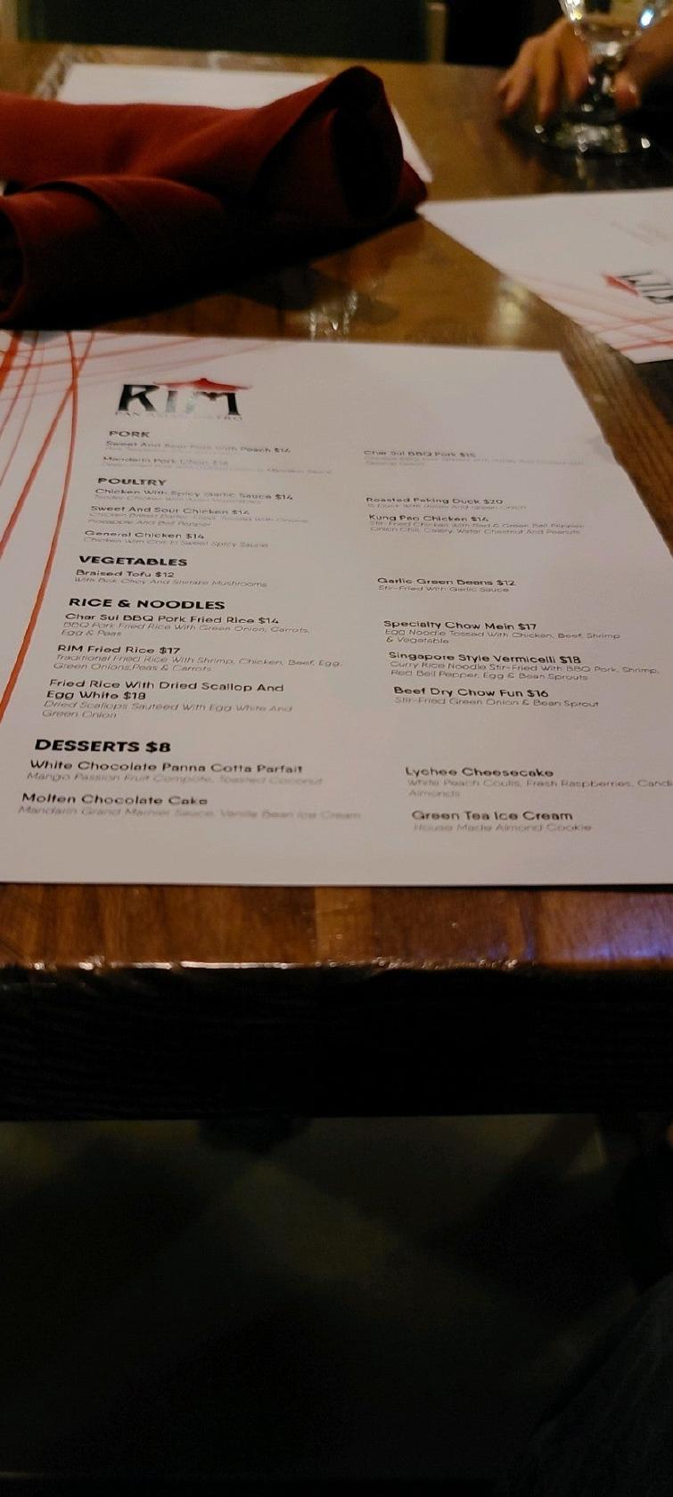 Menu at Rim Asian Bistro restaurant, Reno