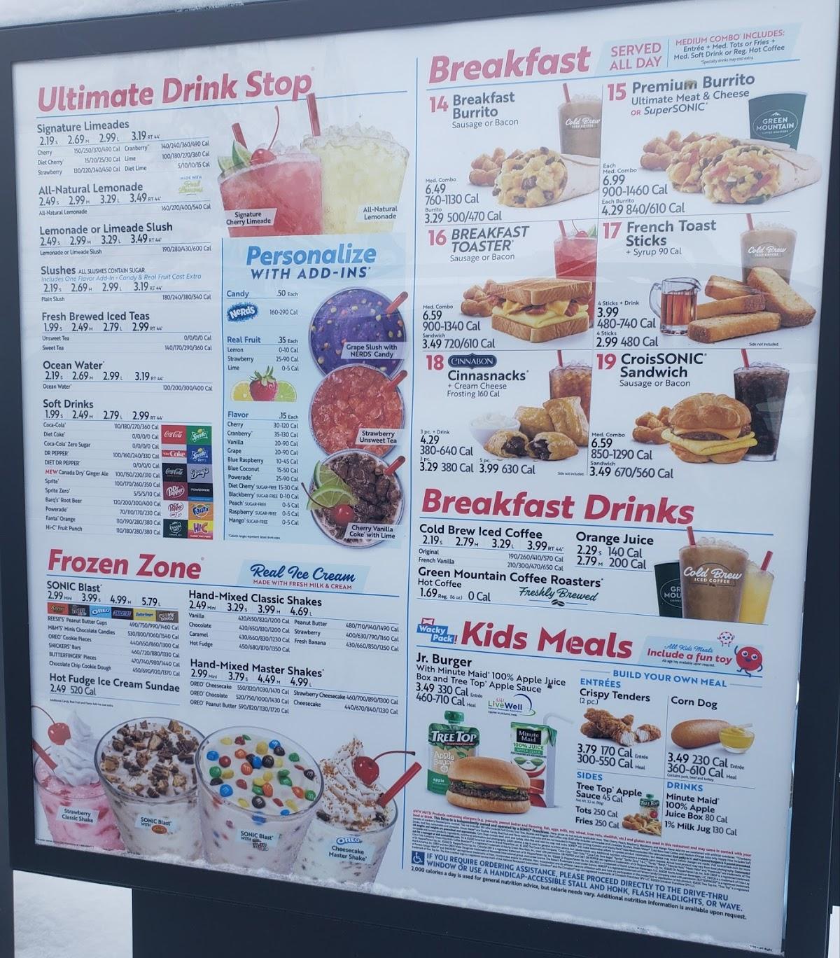 Menu at Sonic Drive-In fast food, Fairbanks