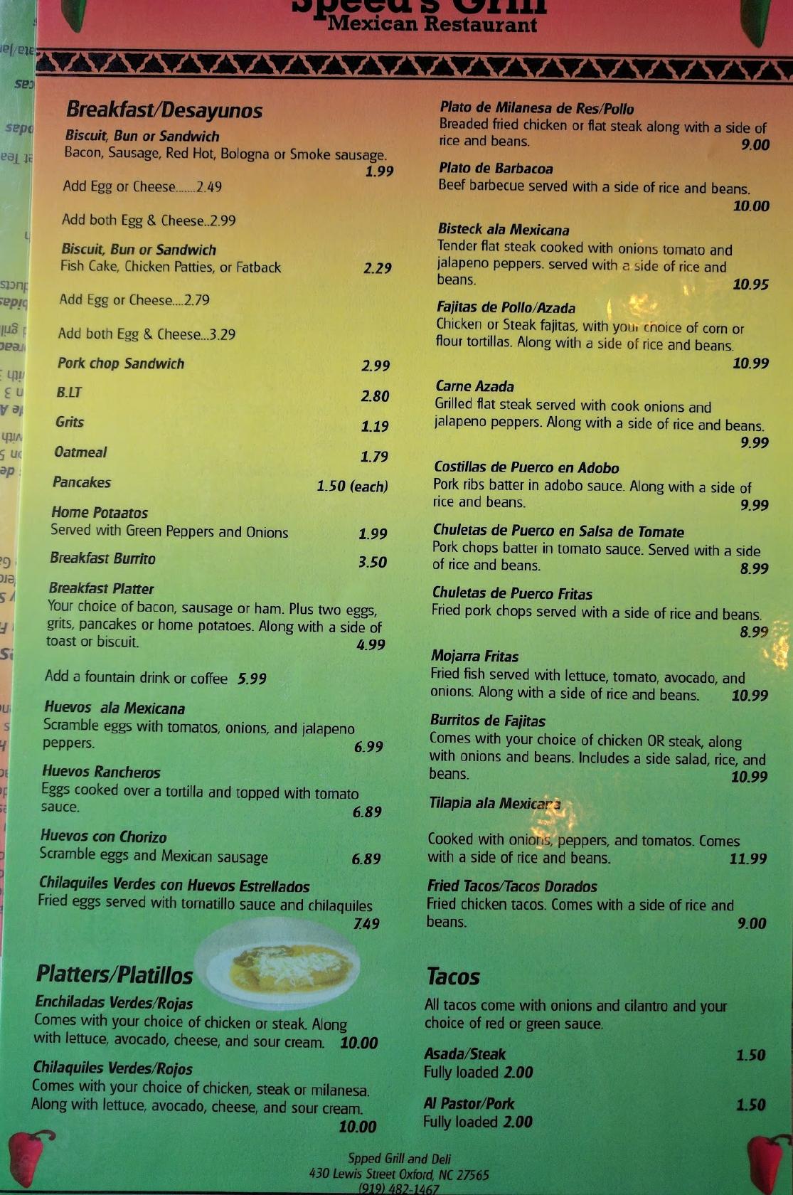 Menu at Speed Grill & Deli restaurant, Oxford