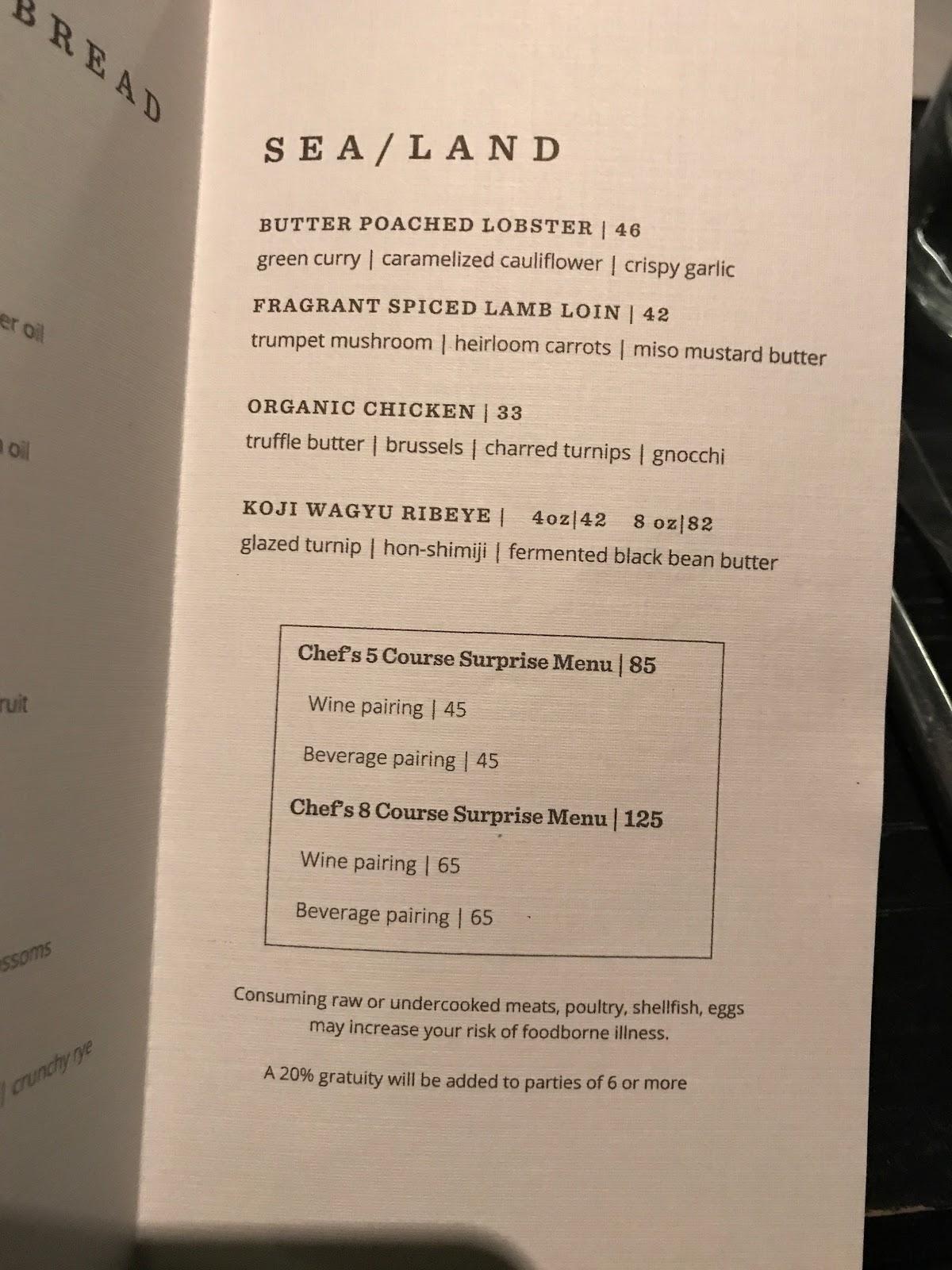 Menu at Stubborn Seed restaurant, Miami Beach
