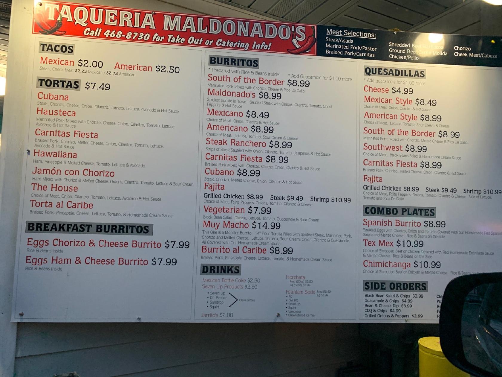 Menu at Taqueria Maldonado's restaurant, Green Bay, Main St