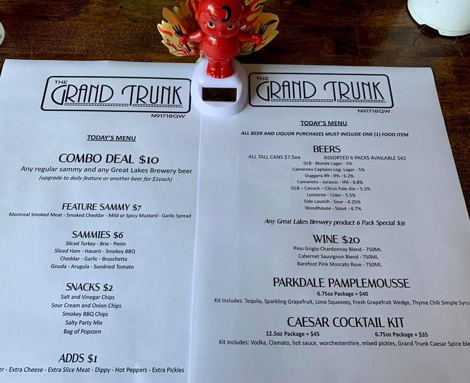 Menu at The Grand Trunk cafe, Toronto