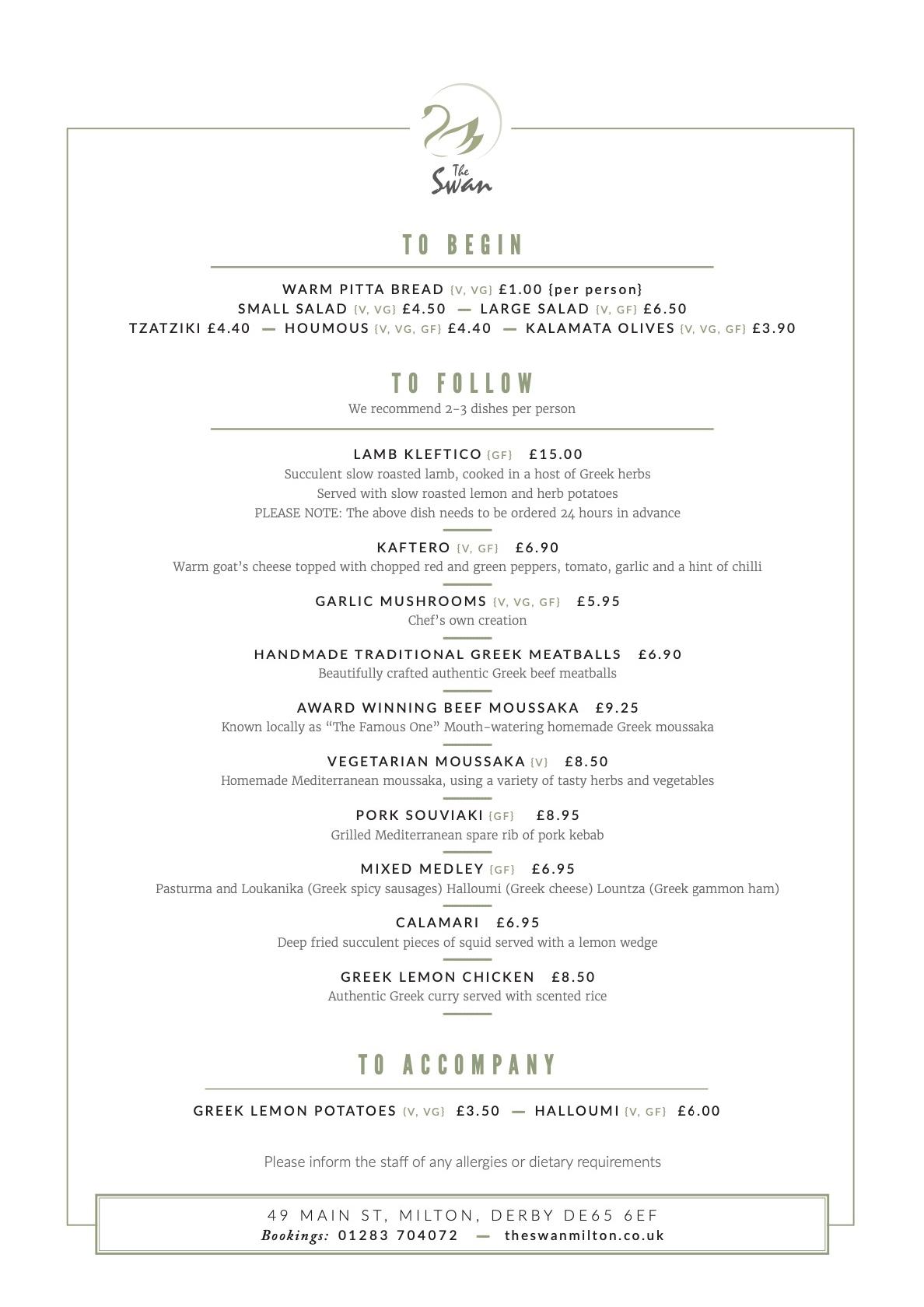 Menu at The Swan at Milton pub & bar, Derby