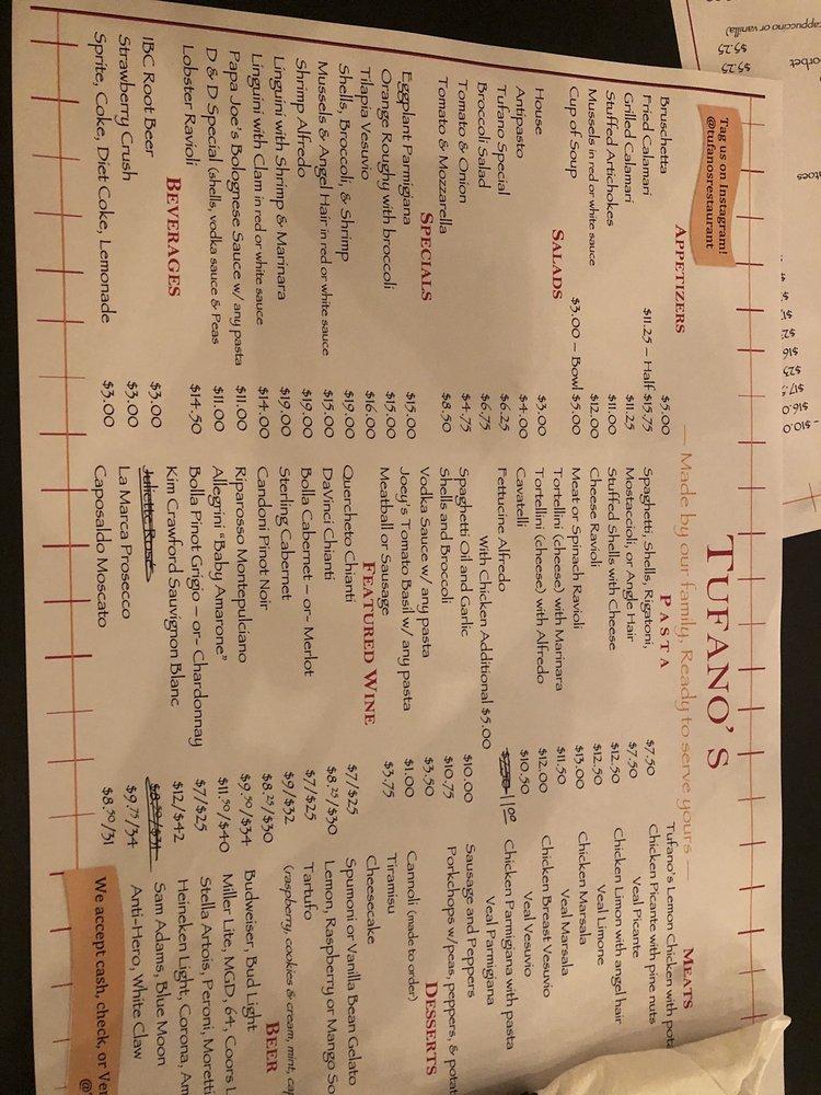 Menu at Tufano's Vernon Park Tap restaurant, Chicago