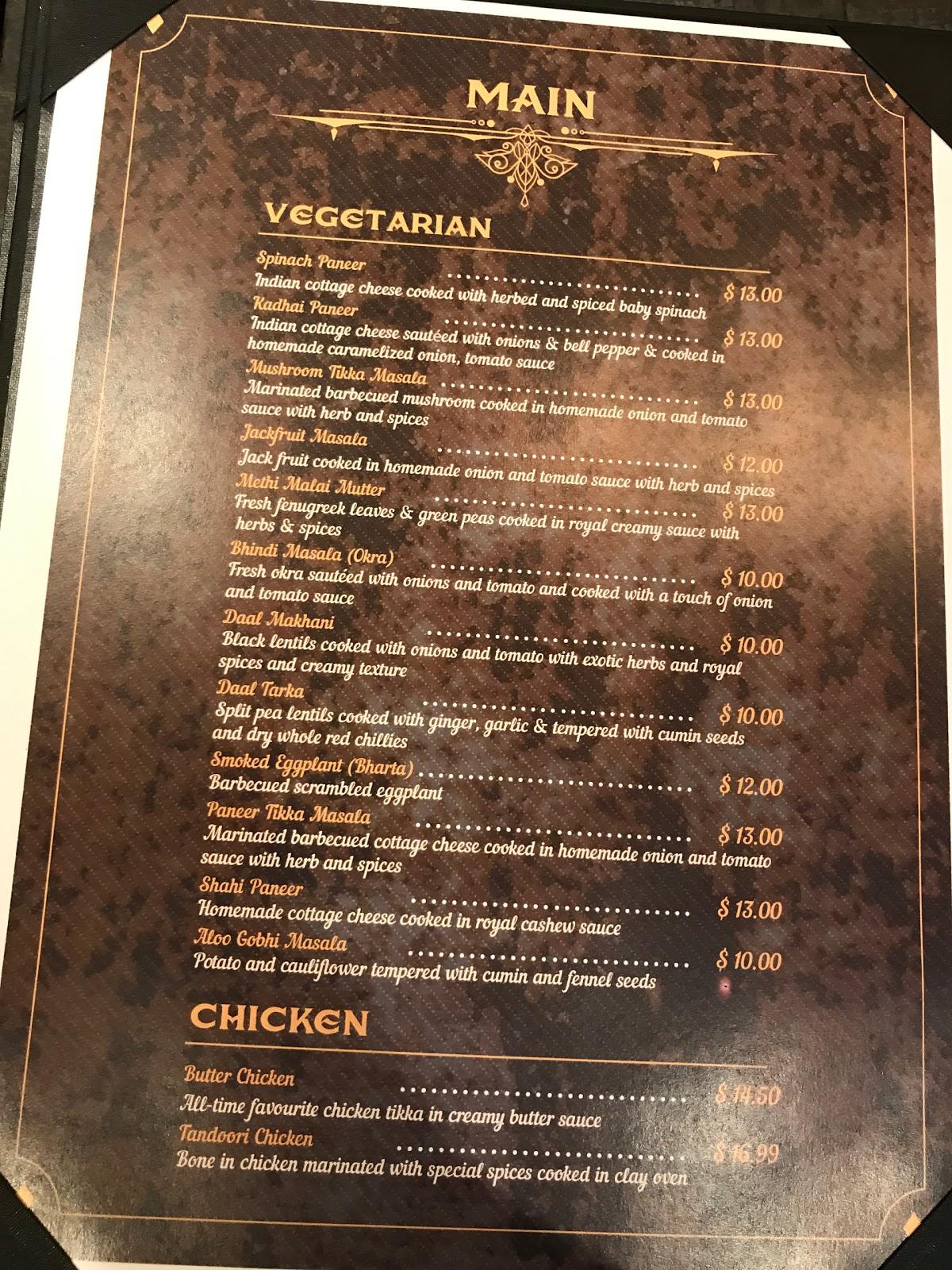 Menu at Vintage Spice restaurant, Aurora, Yonge St