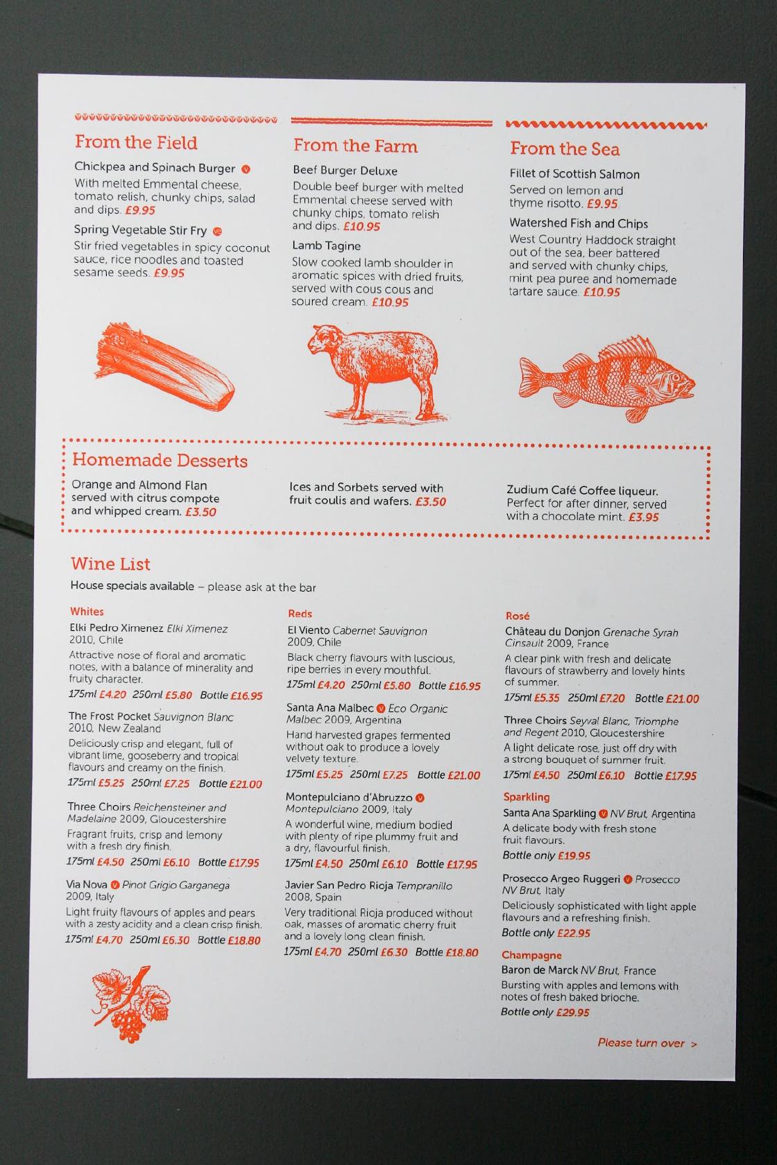 Menu at Watershed cafe, Bristol, 1 Canon's Rd