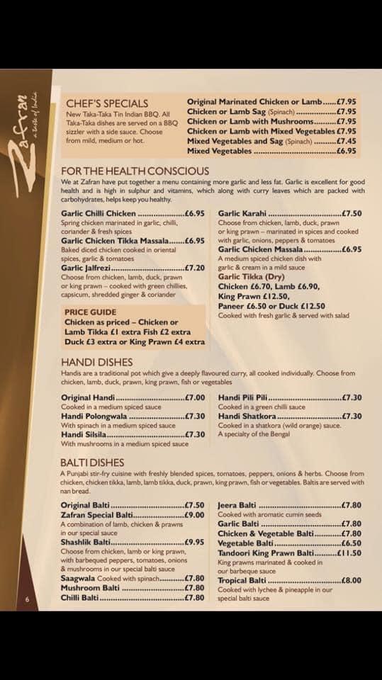 Menu at Zafran Indian Restaurant, Neath