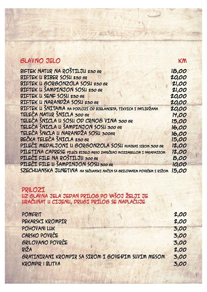 Menu at Dos Manos restaurant, Brčko