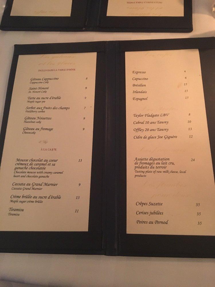 Menu au Le Continental restaurant, Québec