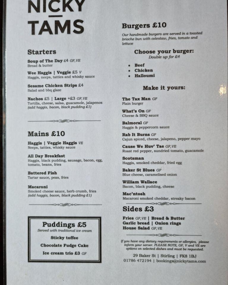 Menu at Nicky Tams pub & bar, Stirling