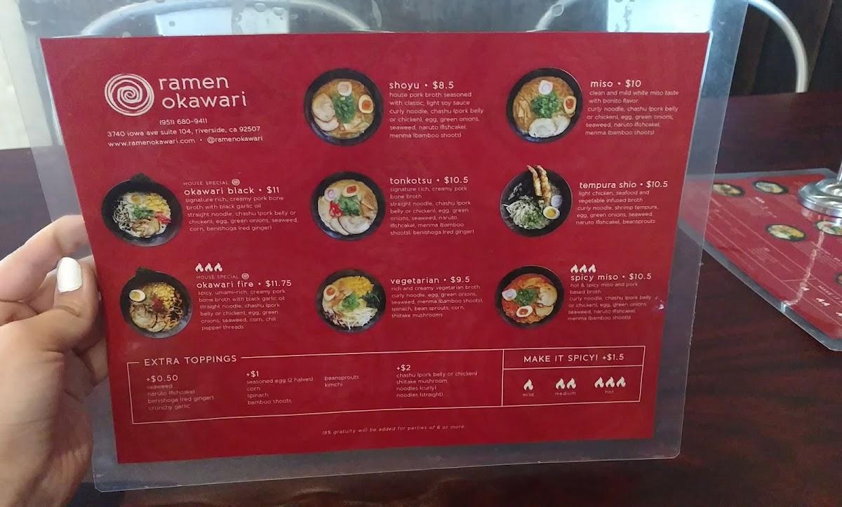 Menu at Ramen Okawari restaurant, Riverside