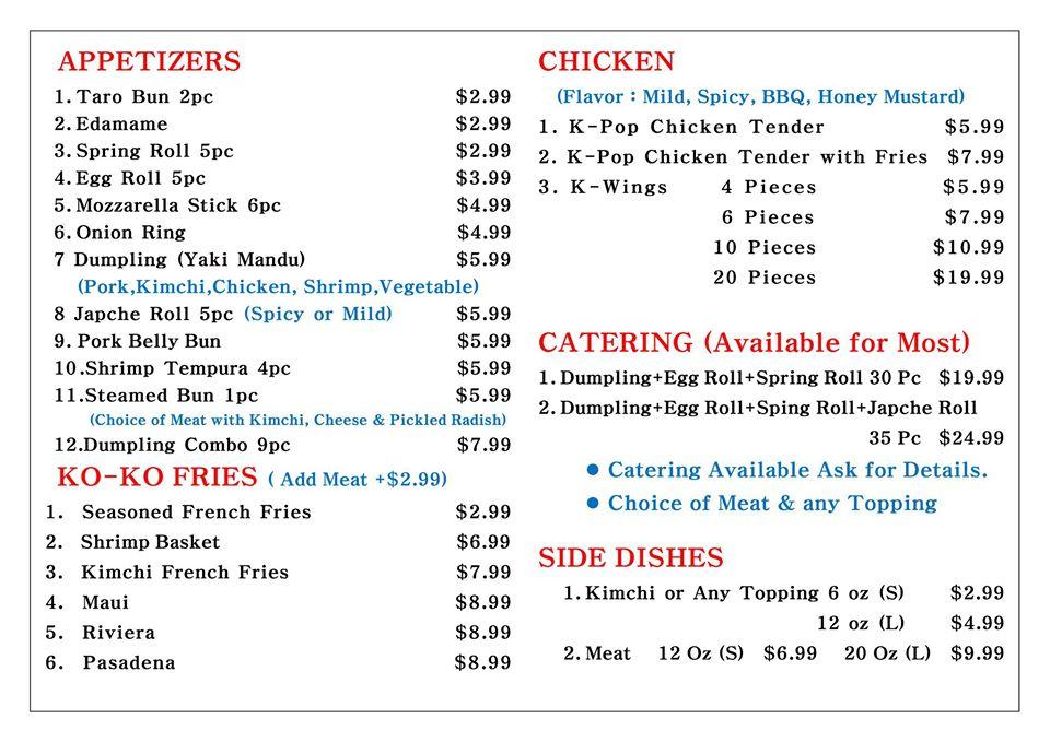 Menu at Red Tigers Asian BBQ, Pasadena