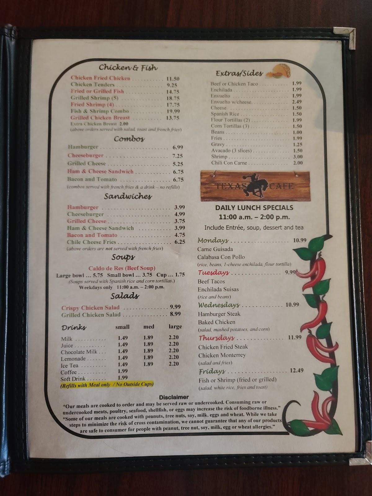 Menu at Texas Cafe, Rio Grande City, 517 E 2nd St