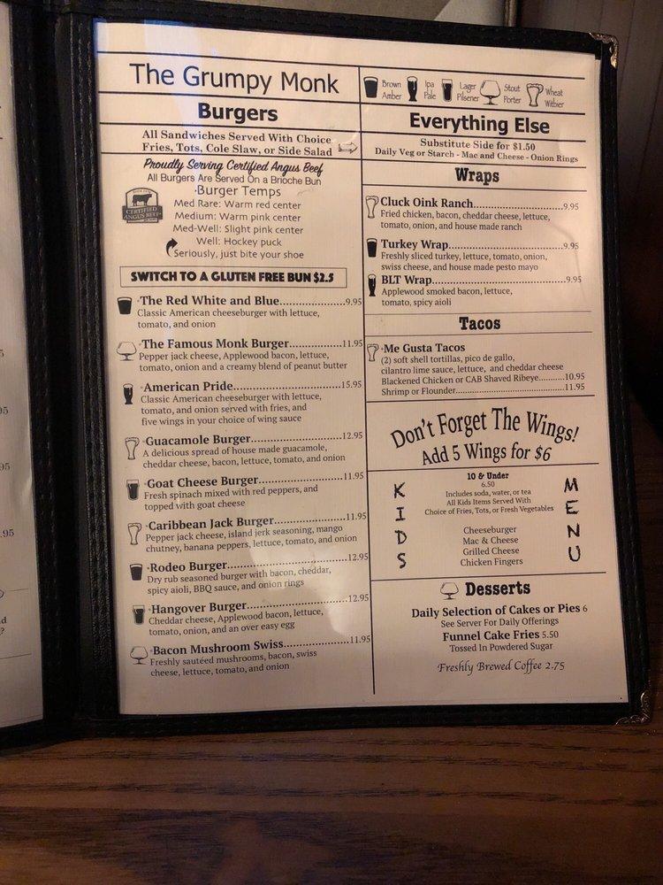 Menu at The Grumpy Monk Carolina Forest restaurant, Myrtle Beach