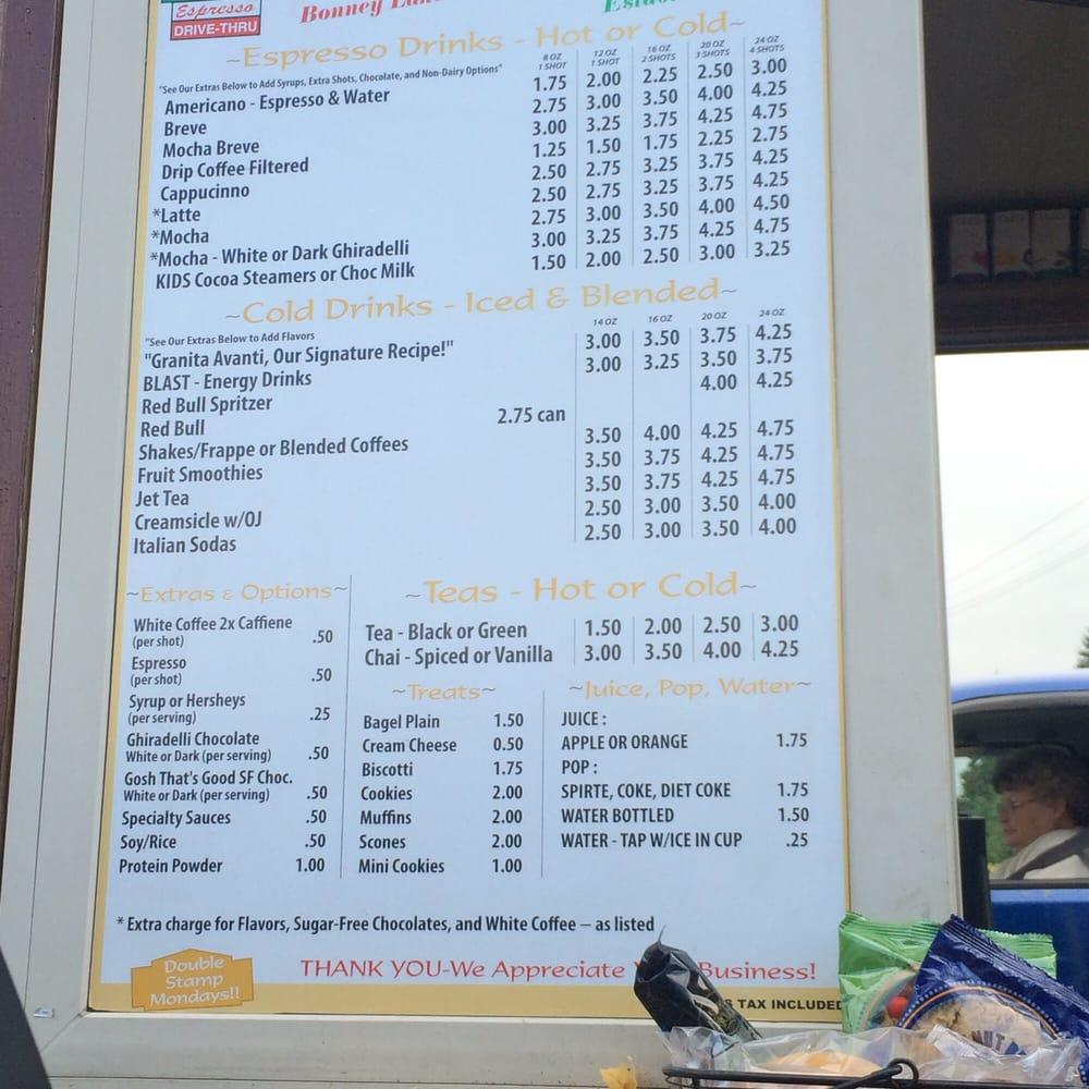 Menu at Avanti Espresso cafe, Bonney Lake