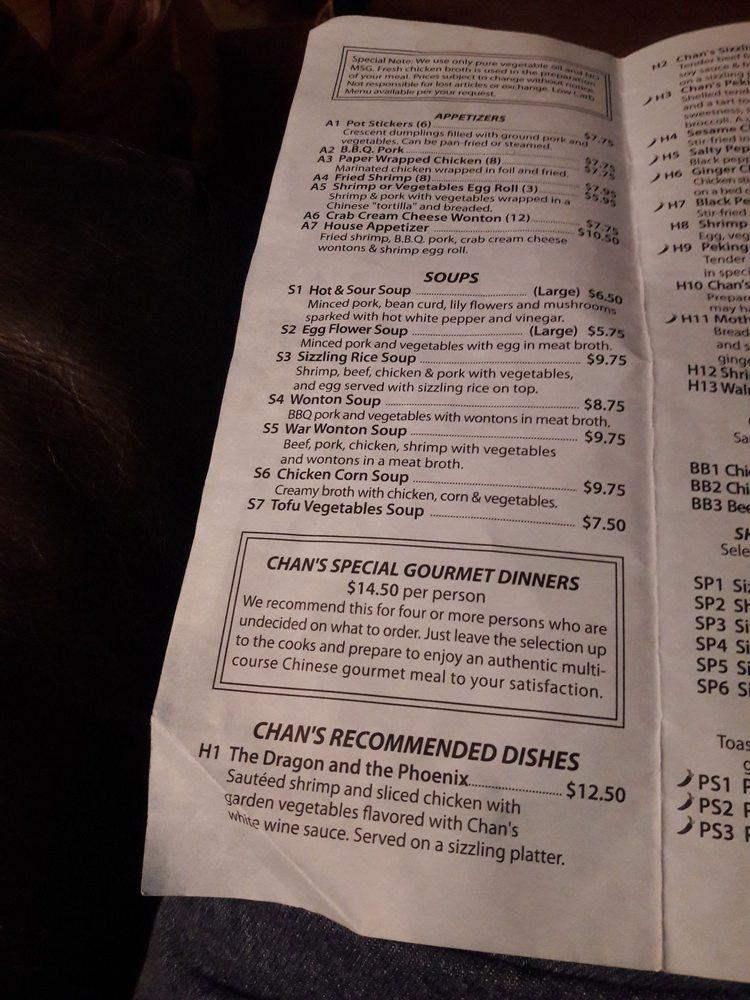Menu at Chan's Chinese Restaurant, McMinnville