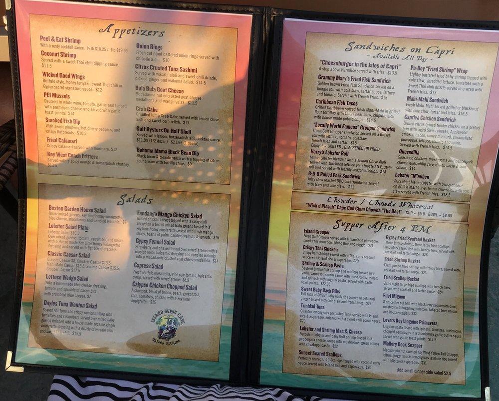 Menu at Island Gypsy Cafe & Marina Bar, Marco Island, 292 Capri Blvd