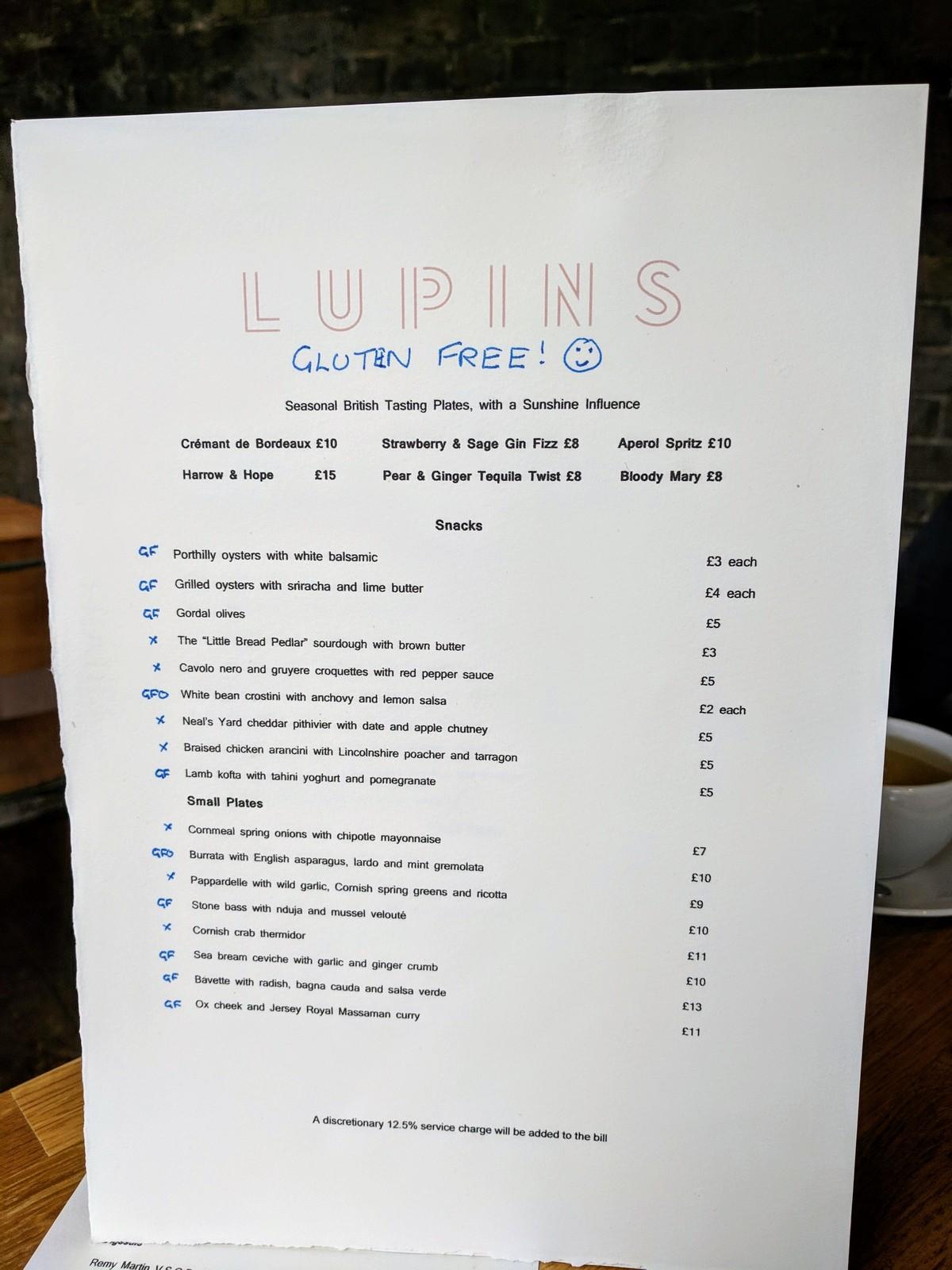 Menu at Lupins restaurant, London