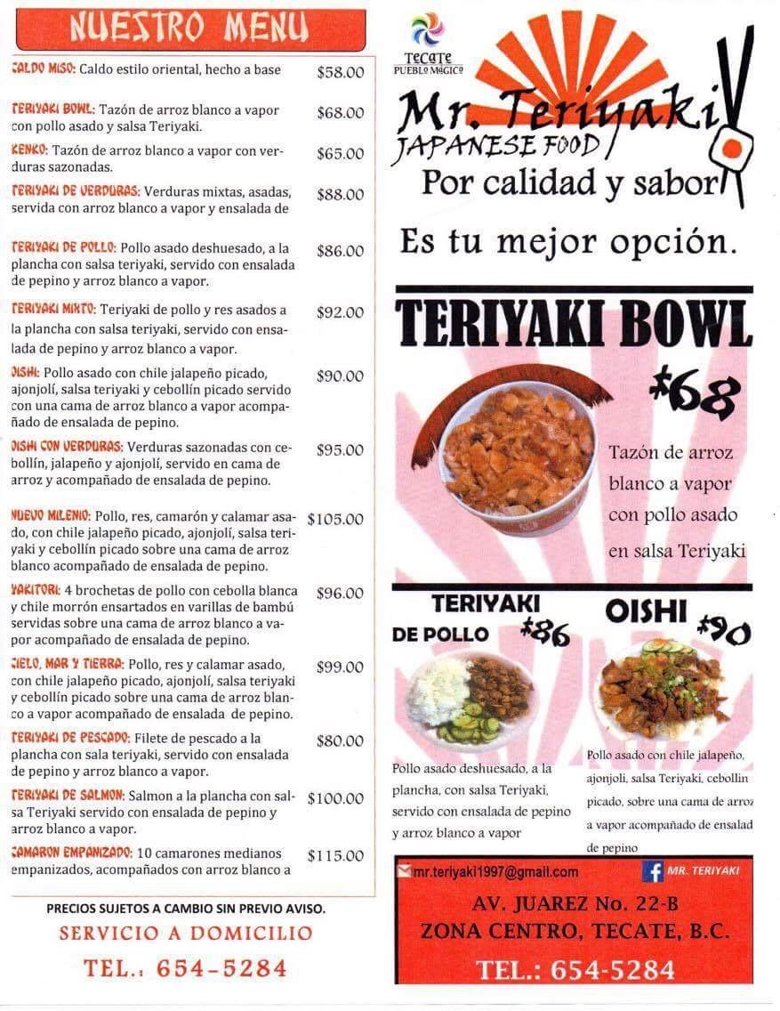 Carta del restaurante Mr. Teriyaki, Tecate