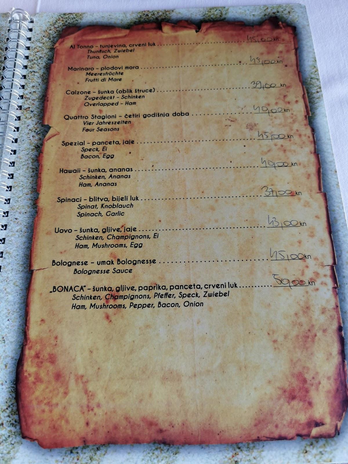 Menu at Restaurant Bonaca, Sukošan