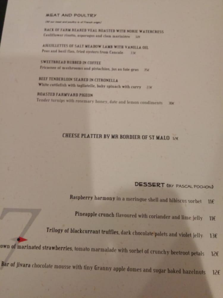 Menu at Restaurant Les 7 Mers, St-Malo