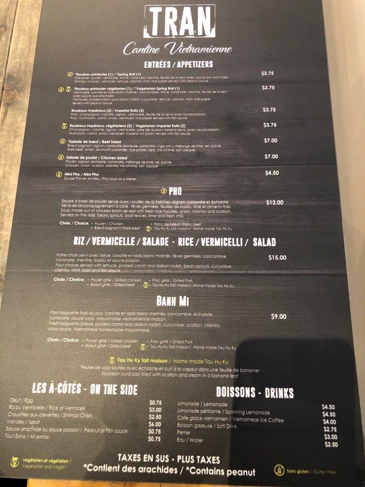 Menu au TRAN Cantine Vietnamienne restaurant, Montréal, Notre-Dame St W