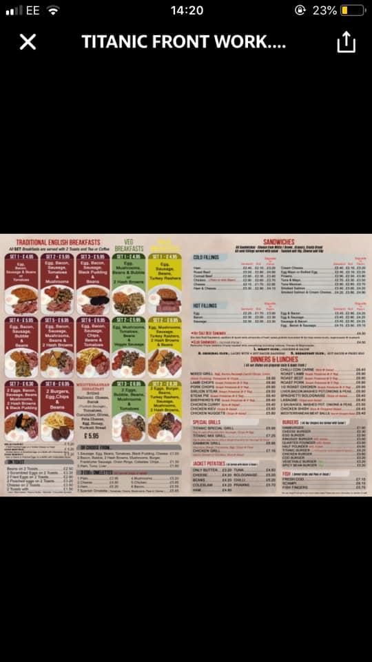 Menu at Titanic Cafe Ilford, Ilford, 124 Cranbrook Rd