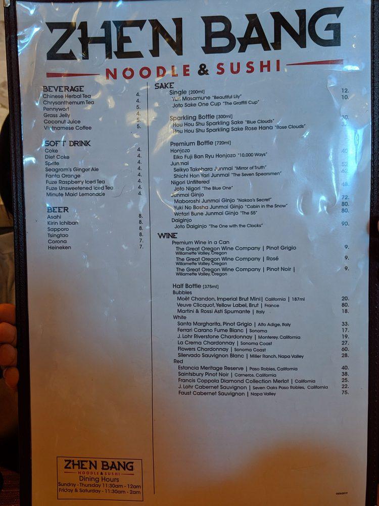 Menu at Zhen Bang Noodle & Sushi restaurant, Atlantic City