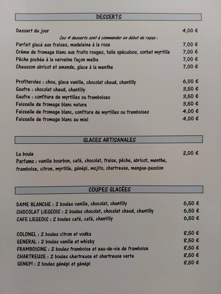 Menu au Auberge du Bois Noir restaurant, Habère-Poche