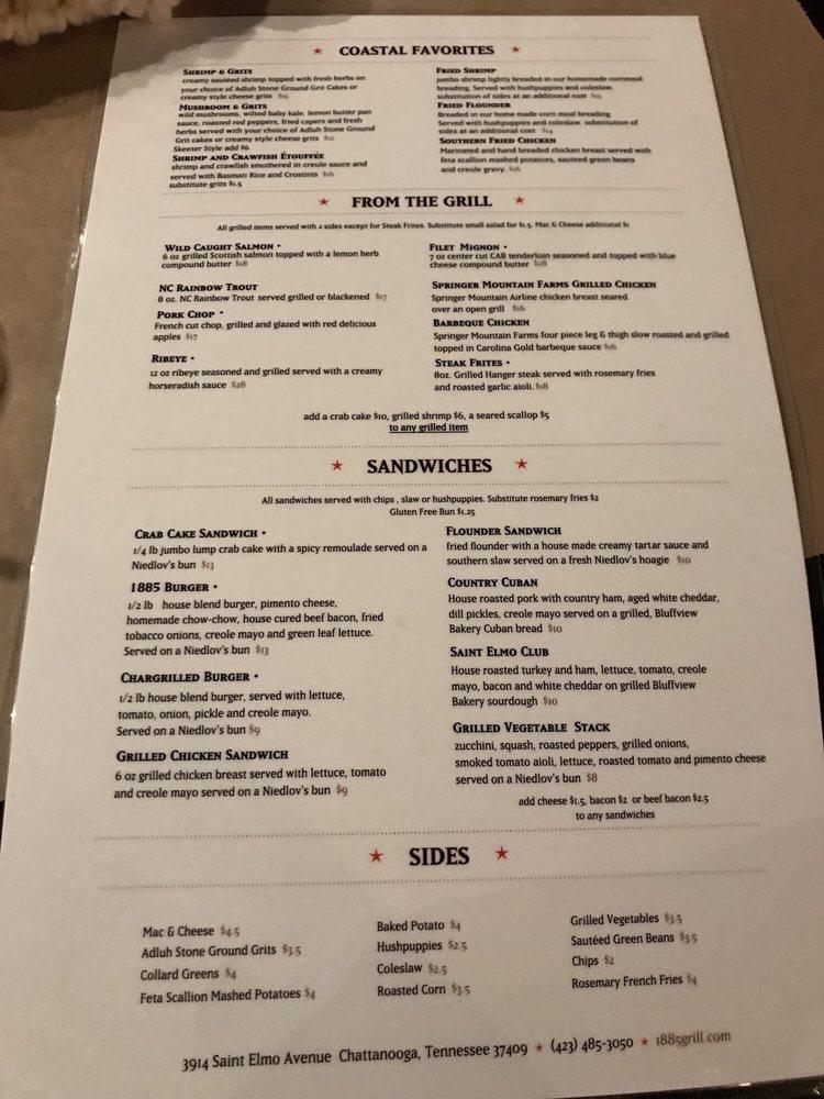 Menu at 1885 Grill restaurant, Chattanooga, St Elmo Ave