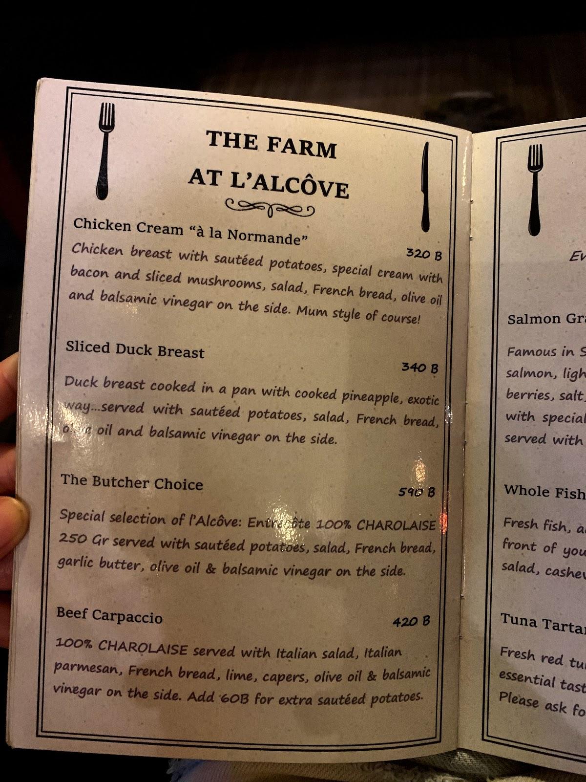 Menu at Alcove restaurant, Ko Pha-ngan