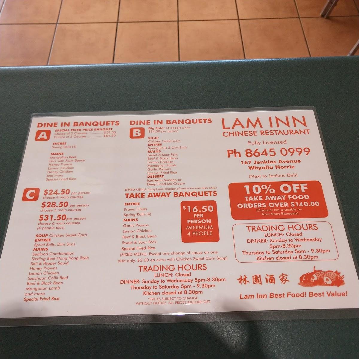 Menu at Lam Inn Chinese Restaurant, Whyalla Norrie