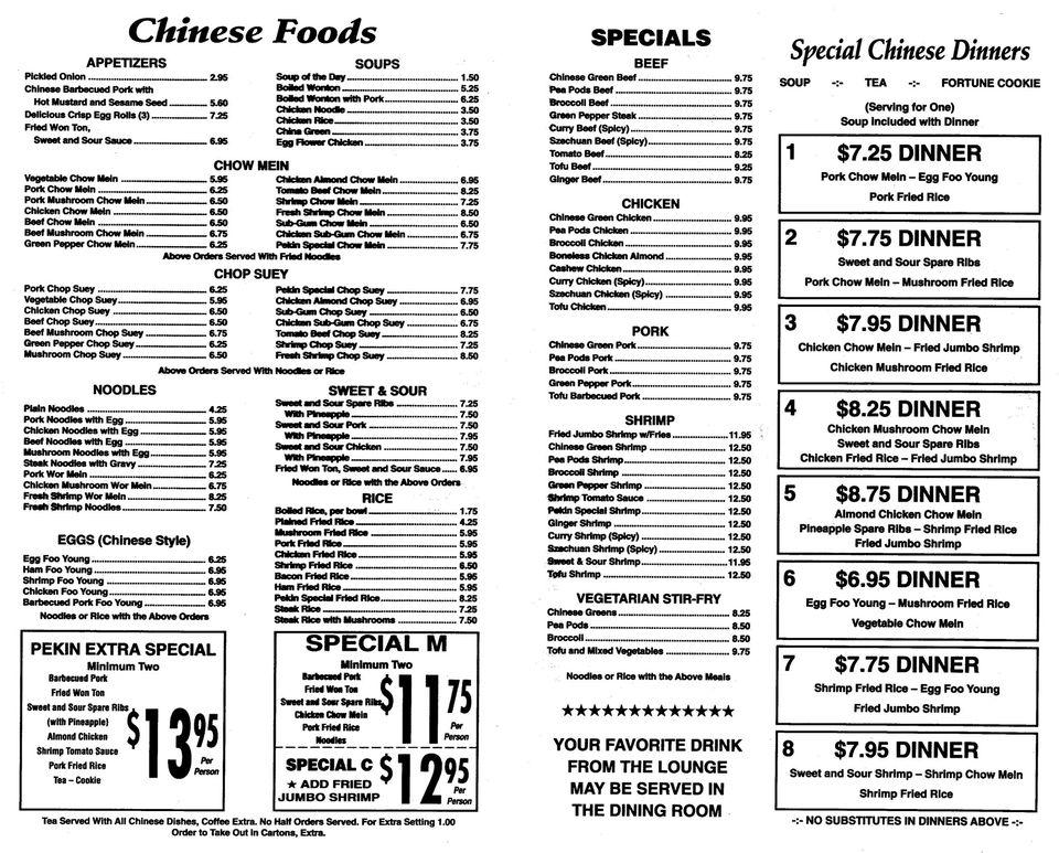 Menu at Pekin Noodle Parlor restaurant, Butte