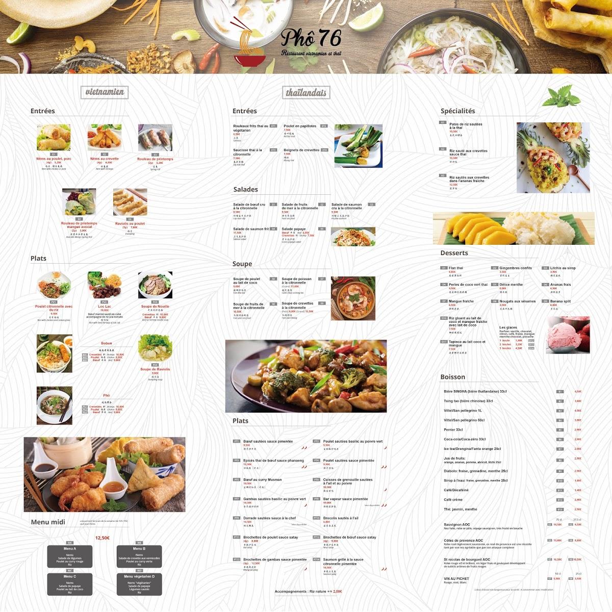 Menu at Pho 76 restaurant, Rouen