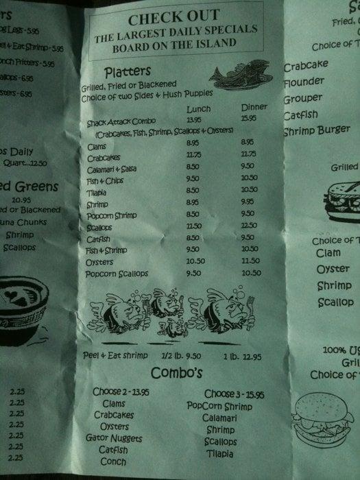 Menu at The Sea Shack restaurant, Hilton Head Island