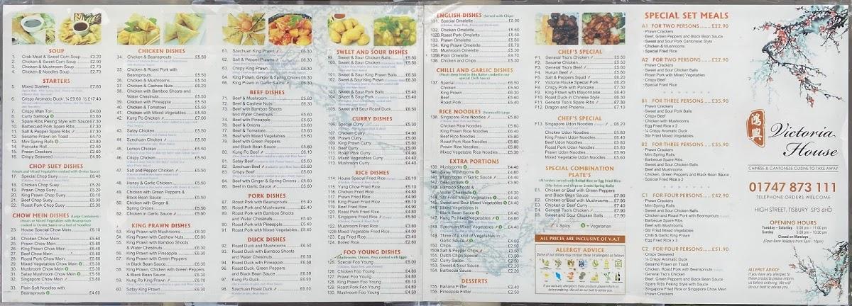 Menu at Victoria House restaurant, Tisbury