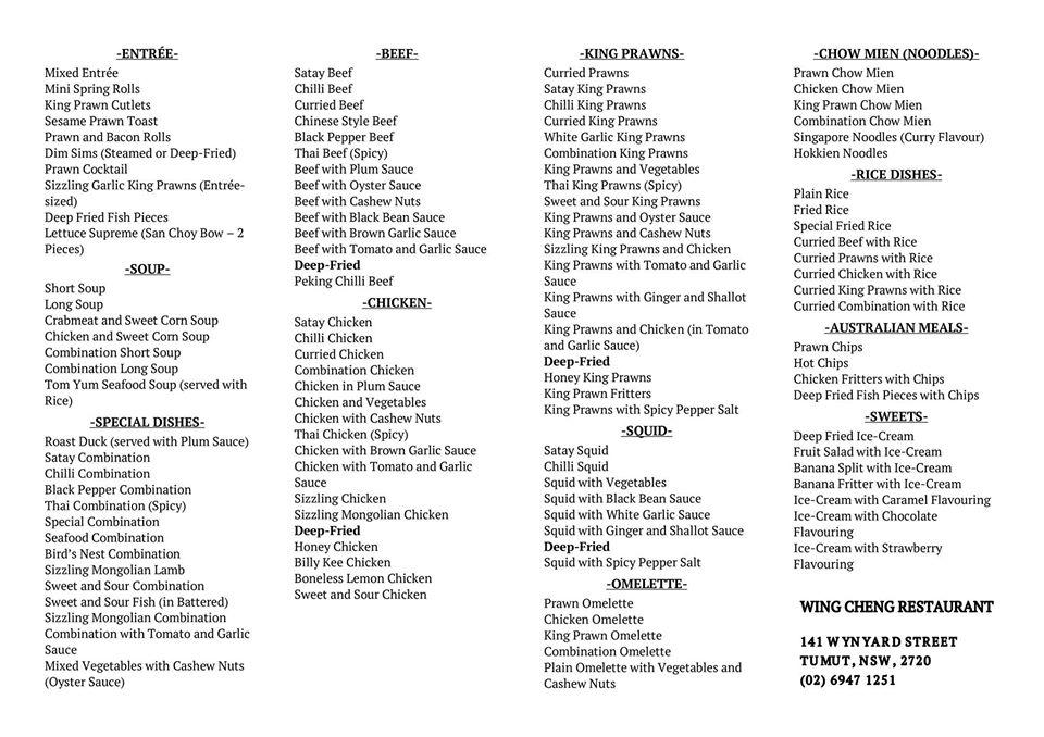 Menu at Wing Cheng restaurant, Tumut, 141 Wynyard St